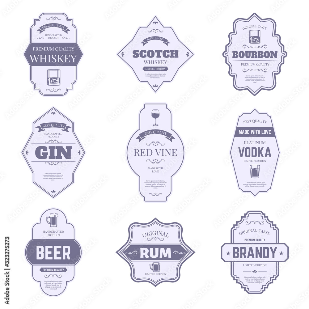 Alcohol bottle labels. Traditional alcohol stickers, vintage bourbon ...