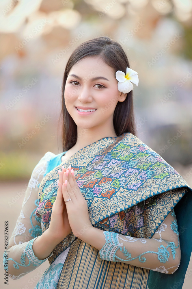 Woman wearing laos traditional dress costume,vintage style,Laos girl dressed in traditional Lao ...