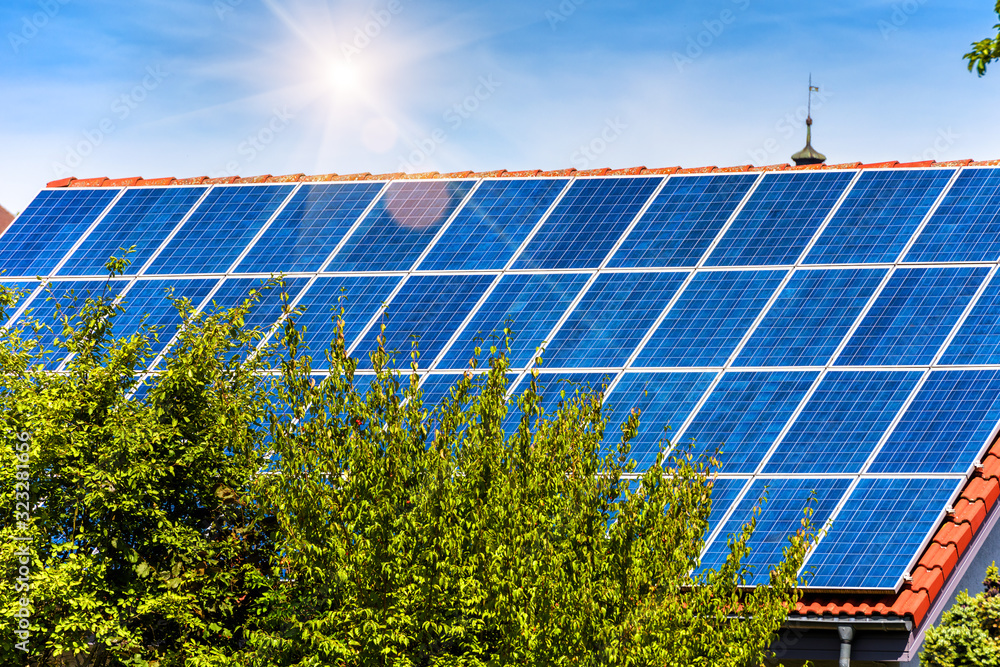 Solar panel on residential house rooftop. Solar system on home roof ...
