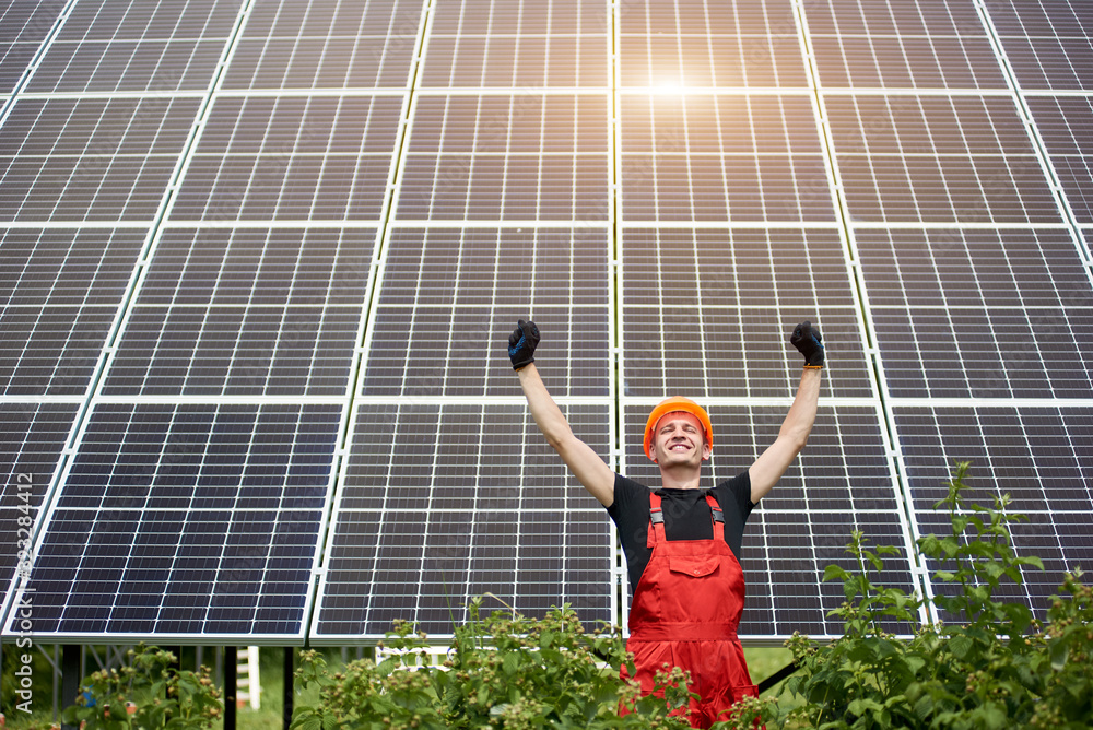 Happy worker man near solar station raising his hands on a background ...