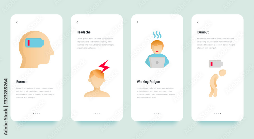 Burnout flat icons: tired man at workplace, headache, fatigue, stress ...