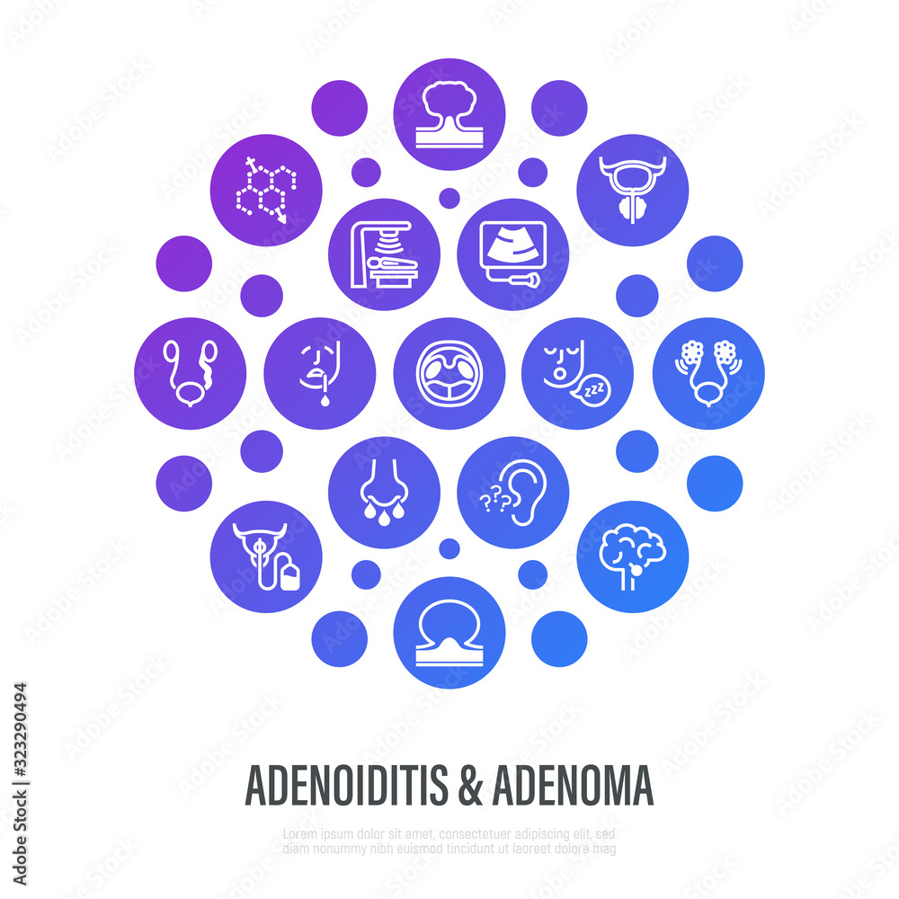 Adenoiditis and adenoma thin line icons in circle shape. Benign tumor ...