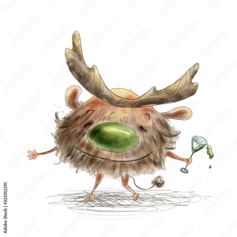 Funny illustration Cute drunk elk deer moose with green nose and the ...
