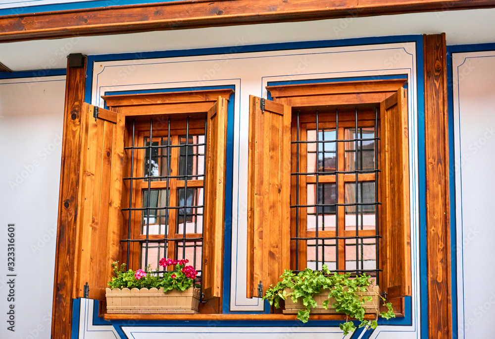 Windows of a Traditional House in the old town; city Plovdiv, Bulgaria ...