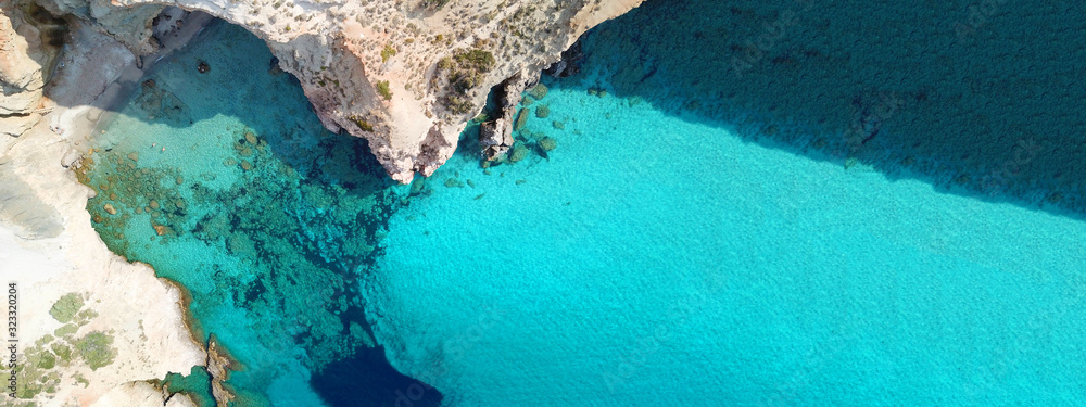 Aerial drone ultra wide photo of famous volcanic rocky beach of ...