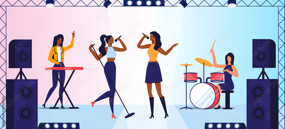 Female Pop Rock Band Concert Vector Illustration. Singers Duet, Drummer ...