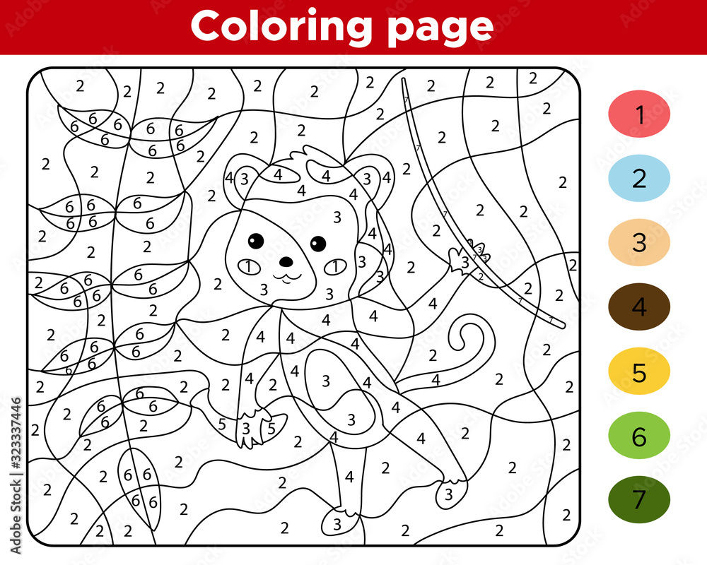Number coloring page for children. Cute cartoon monkey. Jungle animals ...