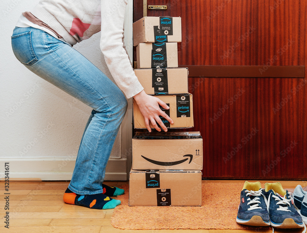 PARIS, FRANCE - JAN 13, 2018: Stack of Amazon Prime packages delivered ...