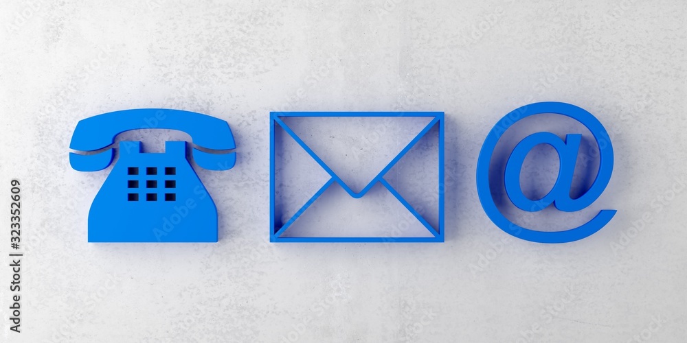 Blue telephone, envelope letter and e-mail symbols on concrete wall ...