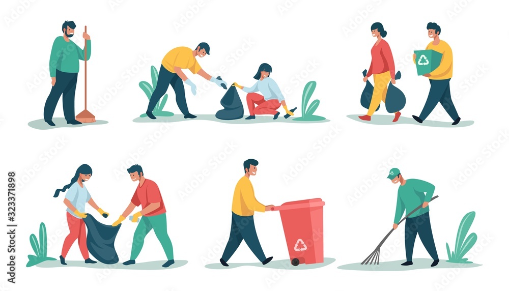 Cleaning garbage. Cartoon characters sorting and recycling waste and ...