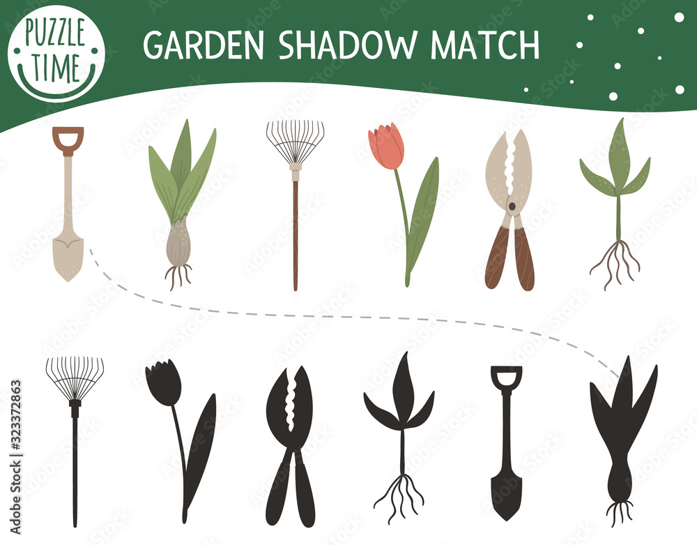 Shadow matching activity for children with garden tools and young ...