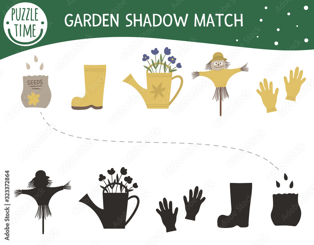 Shadow matching activity for children with garden symbols. Preschool ...