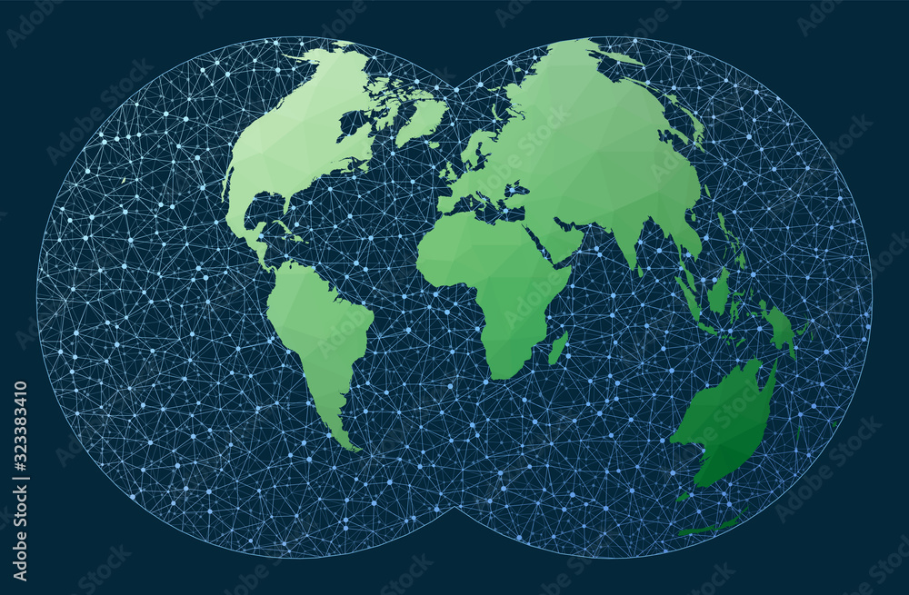 Global network concept. Nicolosi projection. Green low poly world map ...