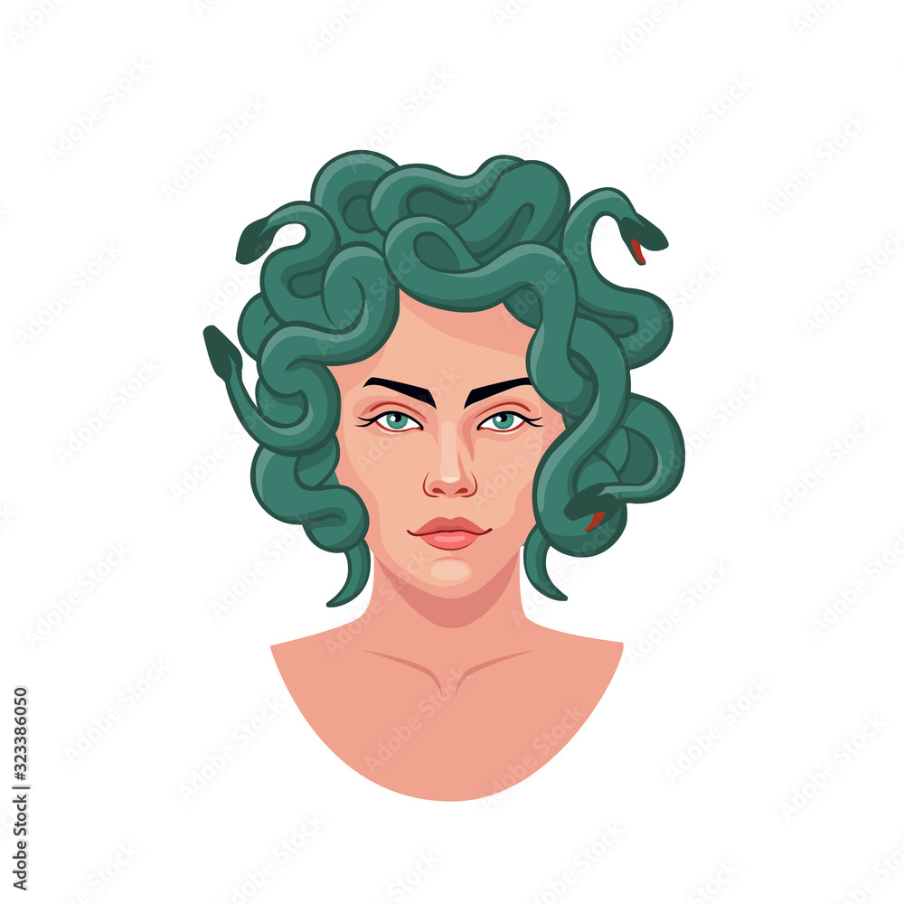 Portrait of medusa gorgon with green snakes hair vector graphic ...