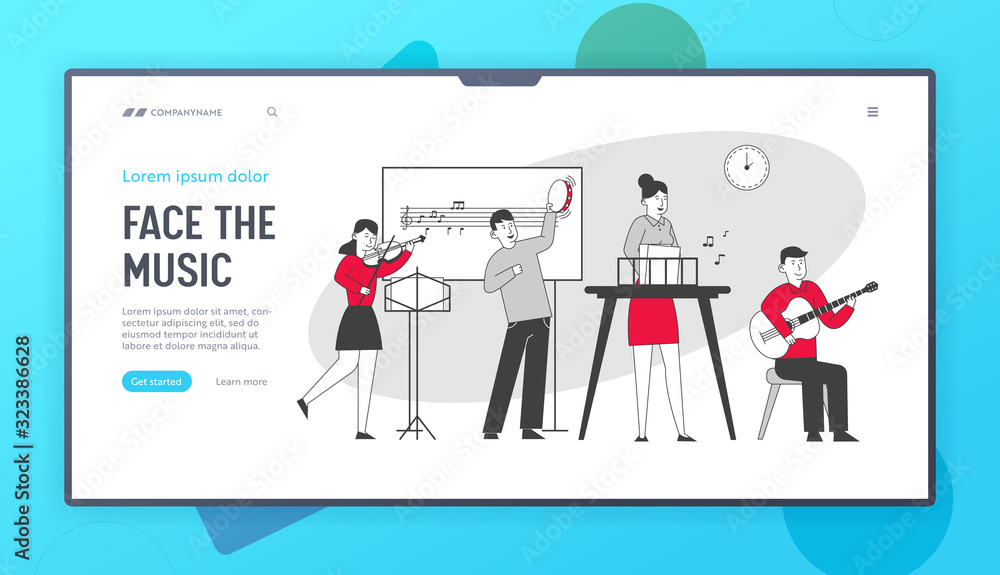Children on Lesson in Music School Website Landing Page. Teacher and ...