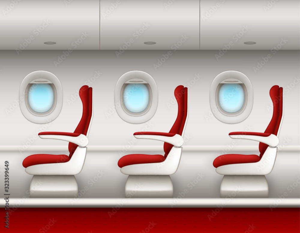 Airplane interior vector background with passenger seats row, open ...