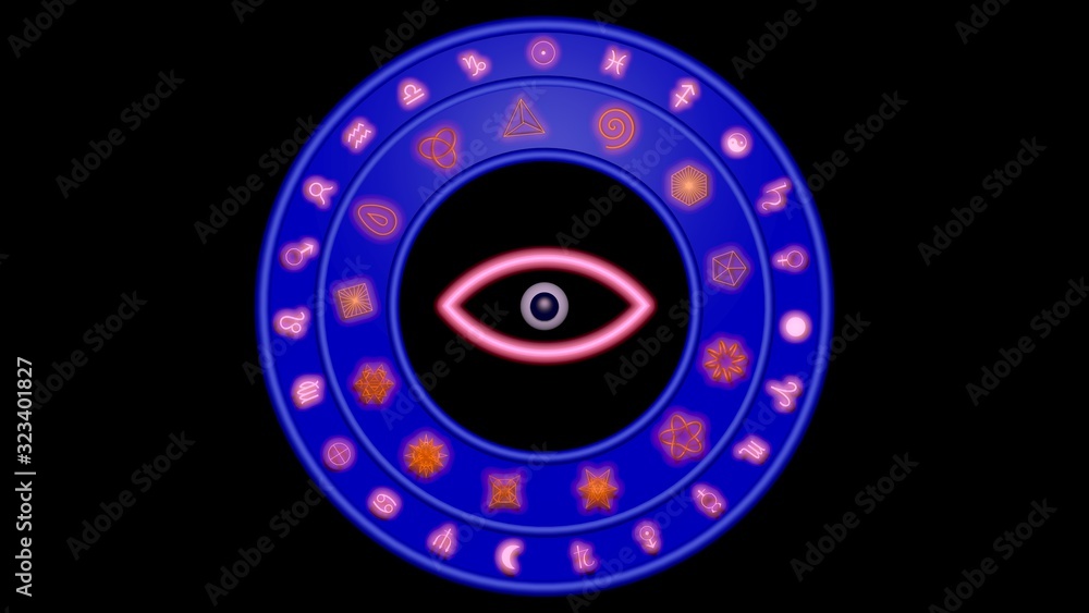 Circular ring with glowing mystical symbols . Sacred geometry , occult ...