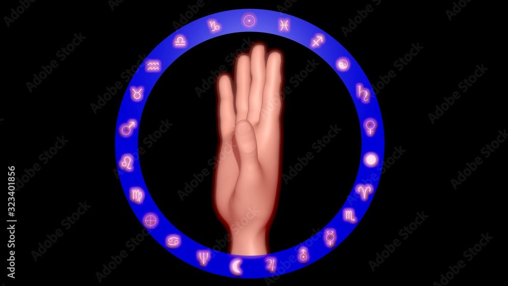 Human hand surrounded by magical symbols . Circular ring with glowing ...