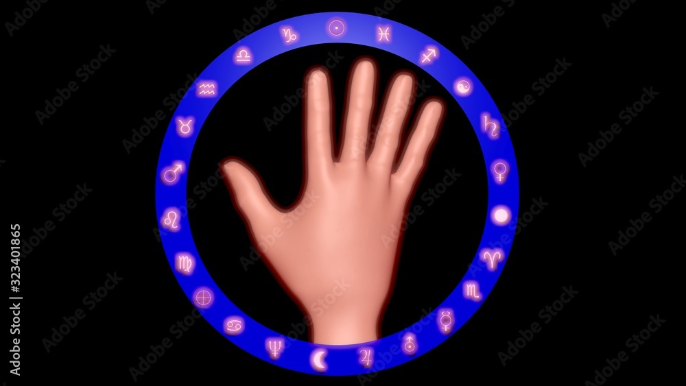 Human hand surrounded by magical symbols . Circular ring with glowing ...