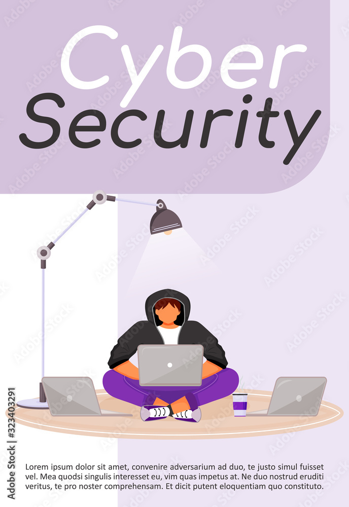 Cyber security poster flat vector template. Computer hacking. Hacker ...