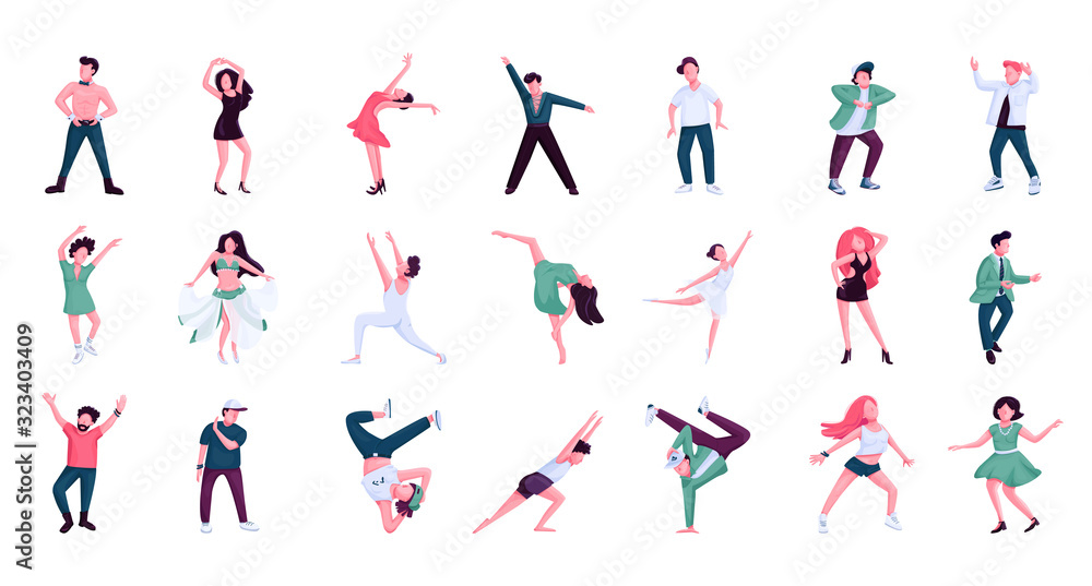 People dancing flat color vector faceless characters set. Ballet, hip ...