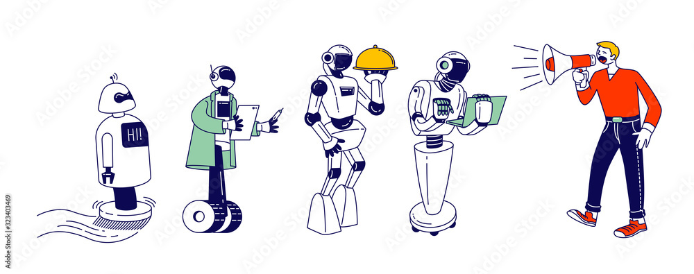 Robots, Artificial Intelligence in Human Life. Man with Megaphone ...