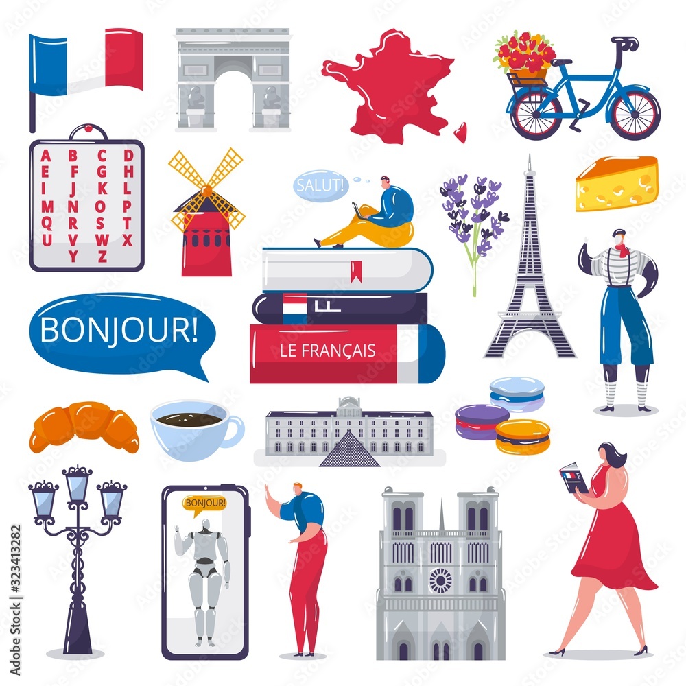 Vetor de Learn French foreign language vector illustrations set for ...
