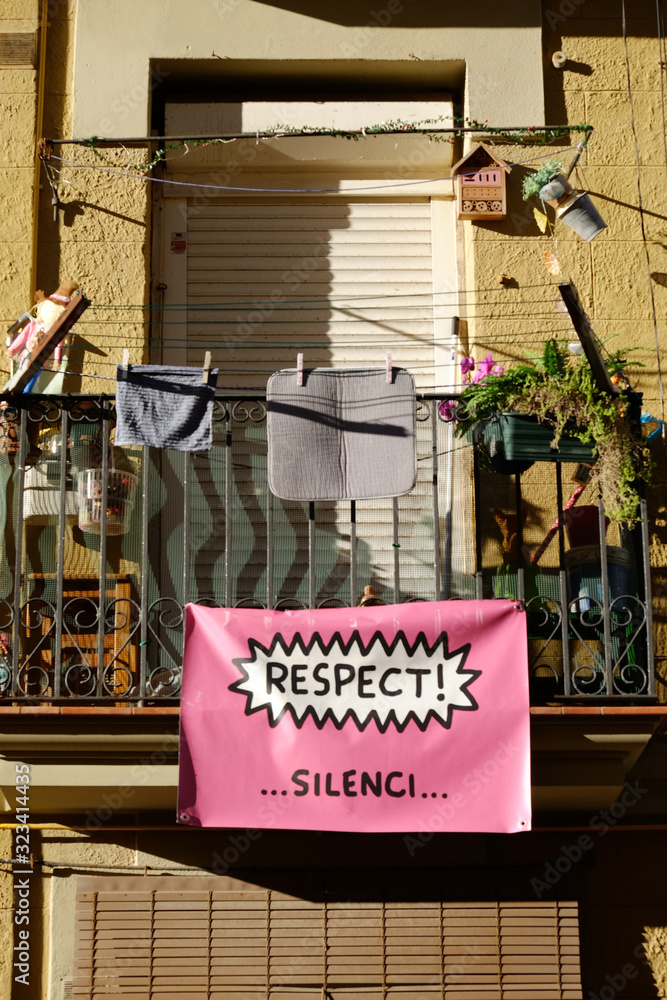 Respect Silence sign hanging from a balcony in Barceloneta Spain Stock ...