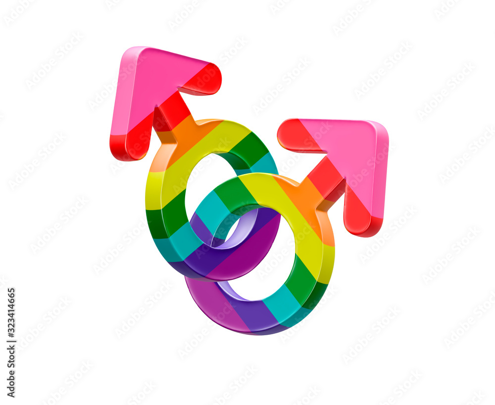 3D Illustration of gay couple symbol with LGBTIQ PRIDE colorful rainbow ...