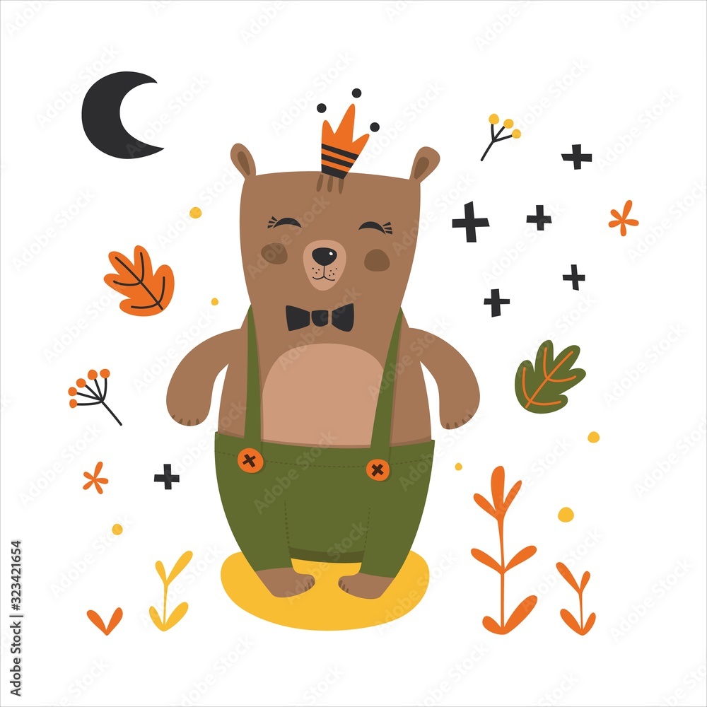 Hipster Prince Bear with a crown in the flat style. Children/babies ...