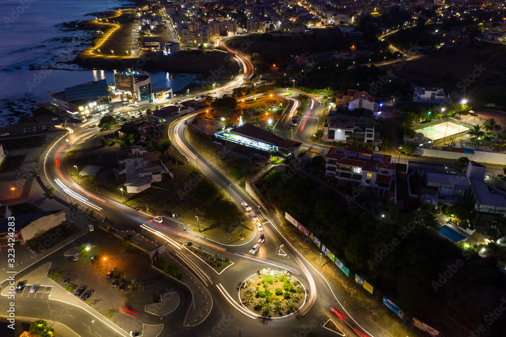 Night aerial view of Praia city in Santiago in Cape Verde Islands (Cabo ...