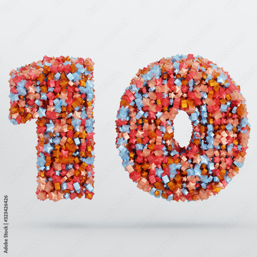 Number 10 3D Text Illustration, Digits With Pink And Sky Colors Stars ...