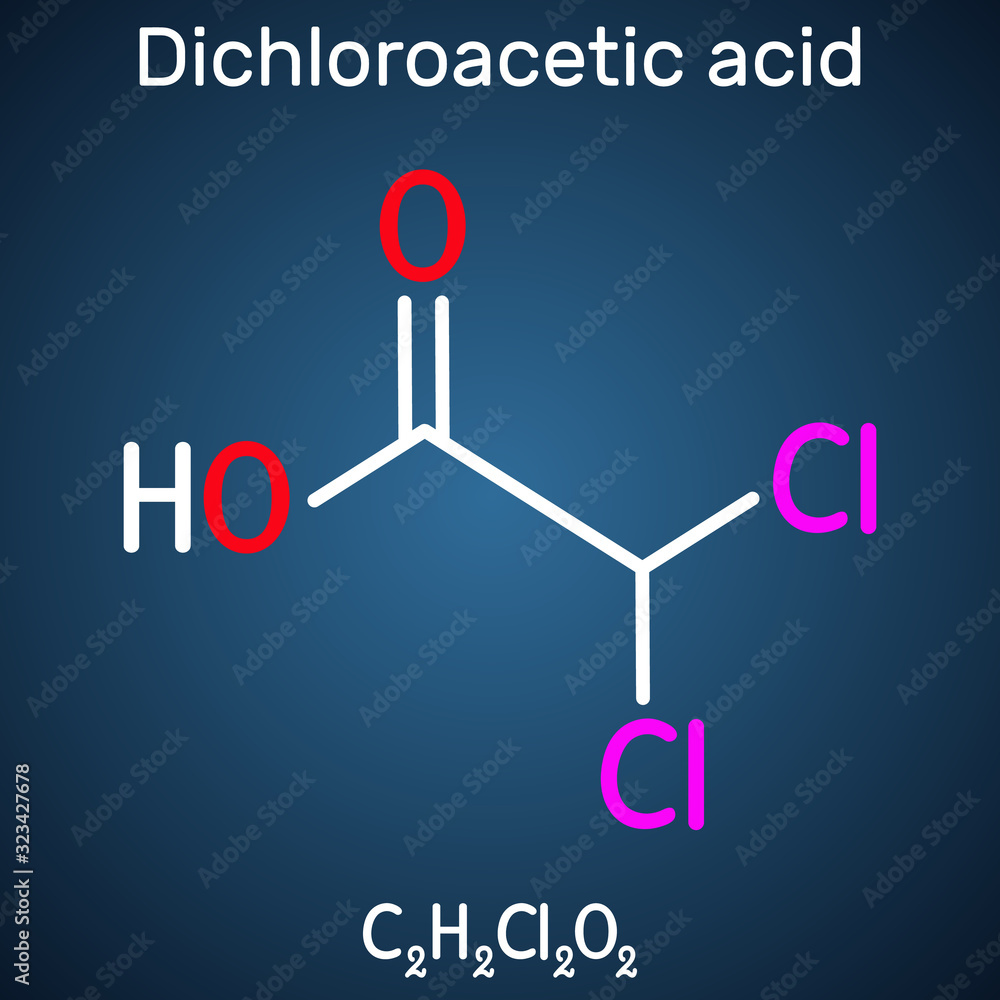 Dichloroacetic acid DCA, bichloroacetic acid BCA, C2H2Cl2O2 molecule ...