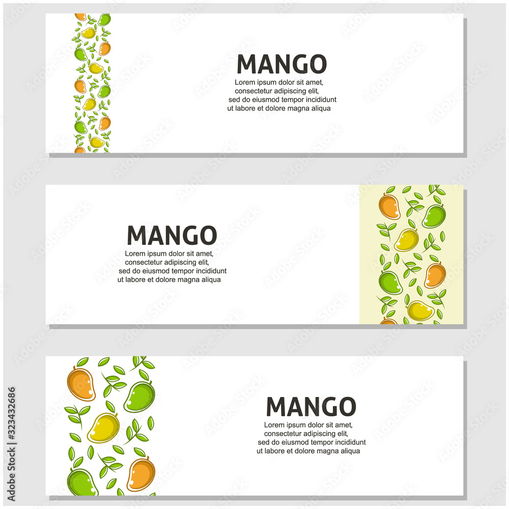 Mango fruit flat illustration with leaves vector banner background set ...