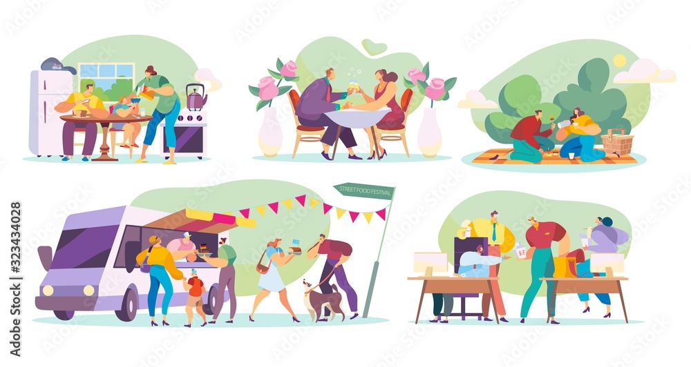 People eating at home, outdoors, in restaurant and in office, vector ...