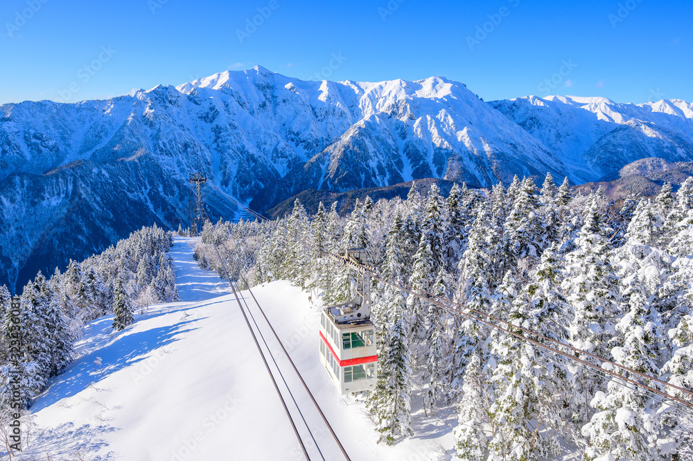 Shin-Hotaka Ropeway climbs up the top of Hotaka mountain in winter ...