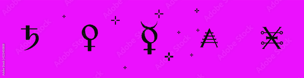 Set of alchemical sacred symbols on pink background in pixel art 8-bit ...