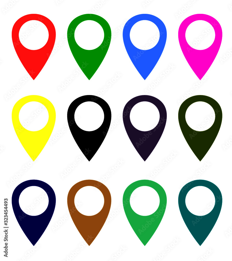 location pins icons on transparent. map markers signs. flat style. map ...