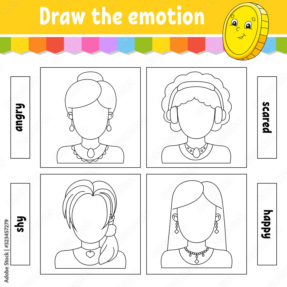Draw the emotion. Worksheet complete the face. Coloring book for kids ...