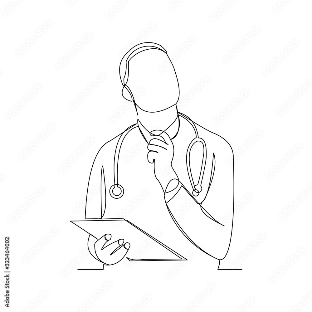 Continuous line drawing of man hospital doctor holding patient paper ...