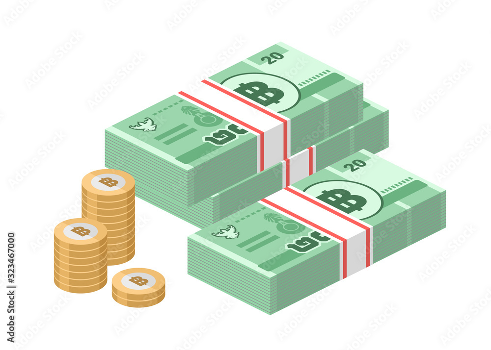 Isometric stacks of 20 Thai baht banknotes and coins. Twenty bills of ...
