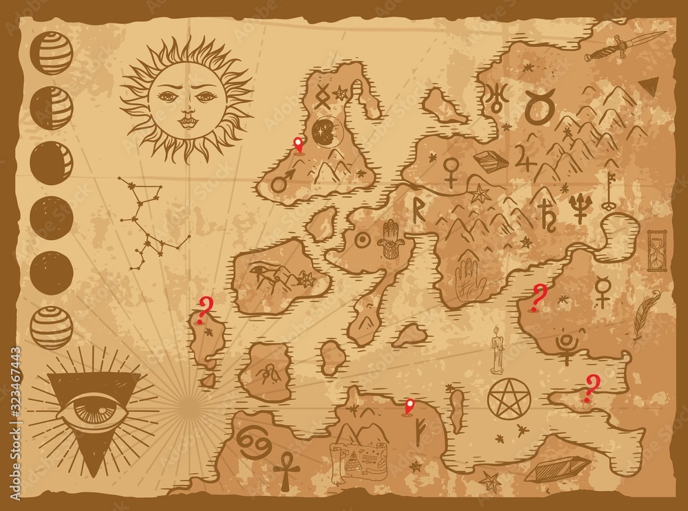 Old map of fantasy world marked with astrology signs, vector ...