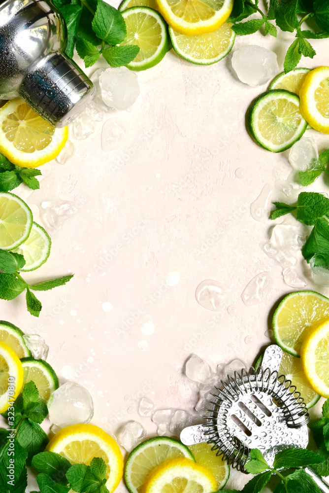 Background with ingredients and props for making summer citrus cocktail ...