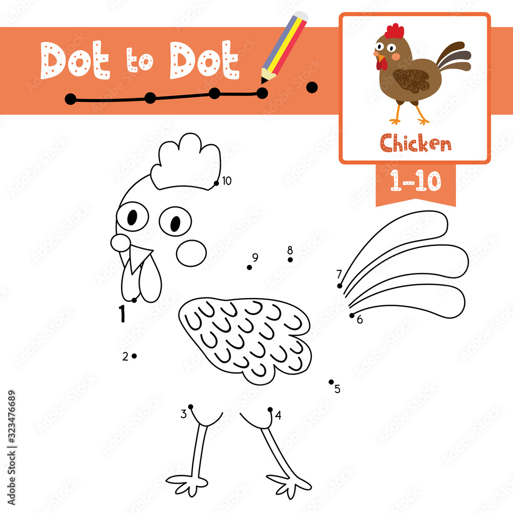Dot to dot educational game and Coloring book Chicken animal cartoon ...