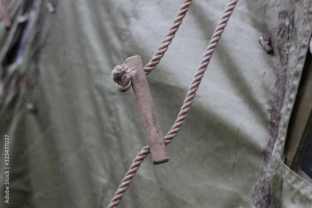 Ropes for attaching mobile army tents. Fasteners of prefabricated ...