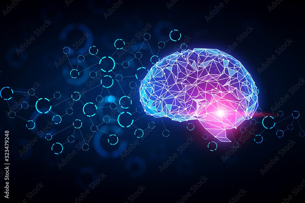 Conceptual hologram of digital illustration of the human brain ...