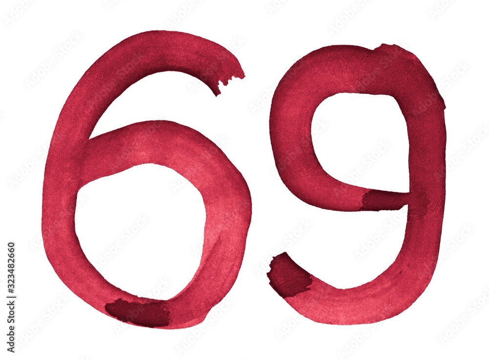 Watercolor numbers, hand-drawn by brush. Burgundy vintage symbol ...