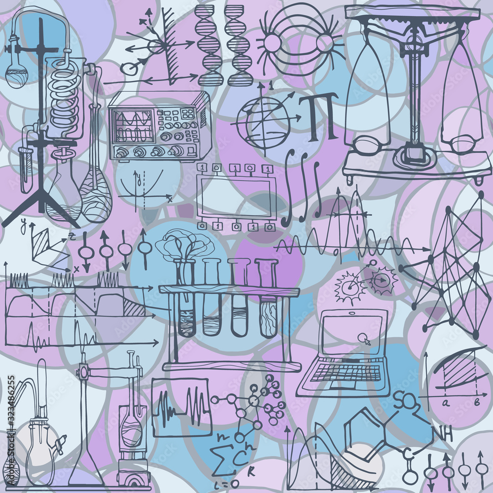 Abstract colorful illustration with sketch elements related to science ...