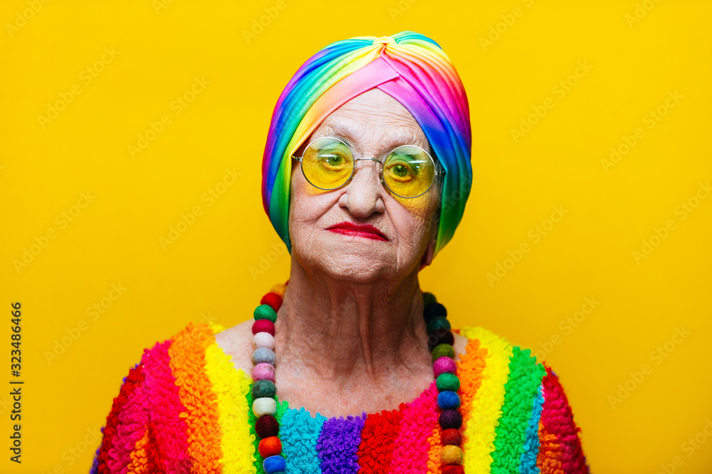 Funny grandmother portraits.granny fashion model on colored backgrounds ...