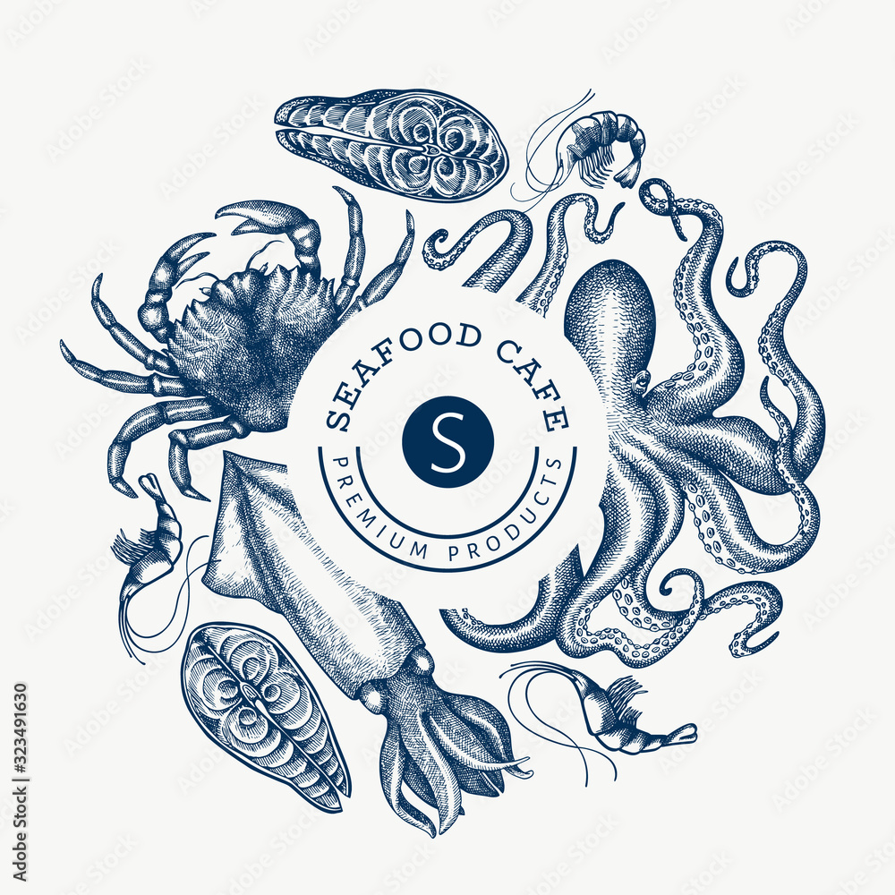 Seafood design template. Hand drawn vector seafood illustration ...